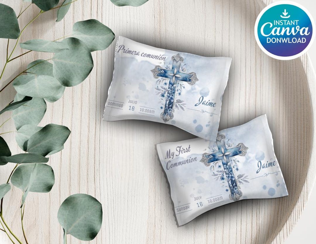 Mini Oreo Wrapper BLUE FLOWER CROSS First Communion Boy, Personalized ...