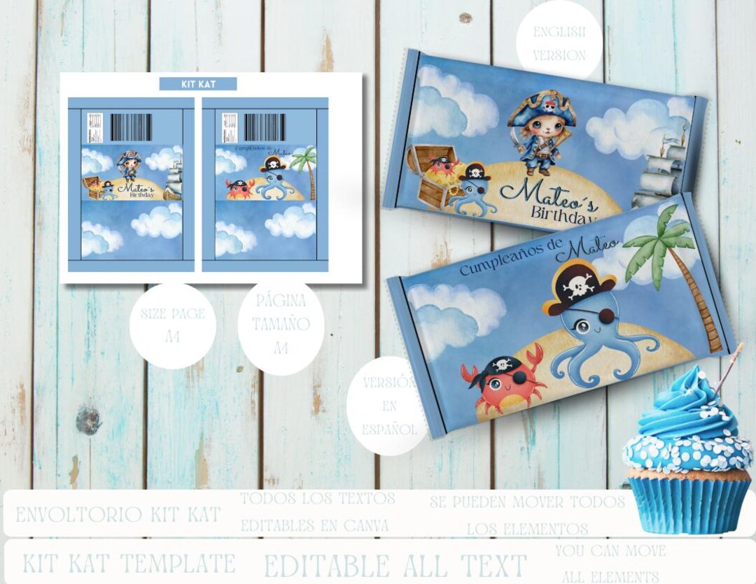 Kit Kat PIRATE WATERCOLOR BLUE Birthday Party Wrapper, Personalized Kit ...