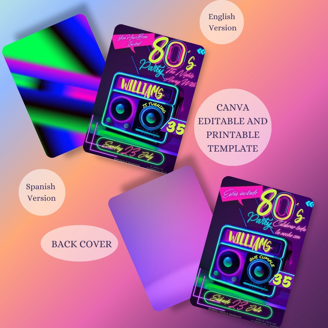 Editable Glitter Neon 80s Party Invitation, NEON 80s Birthday ...