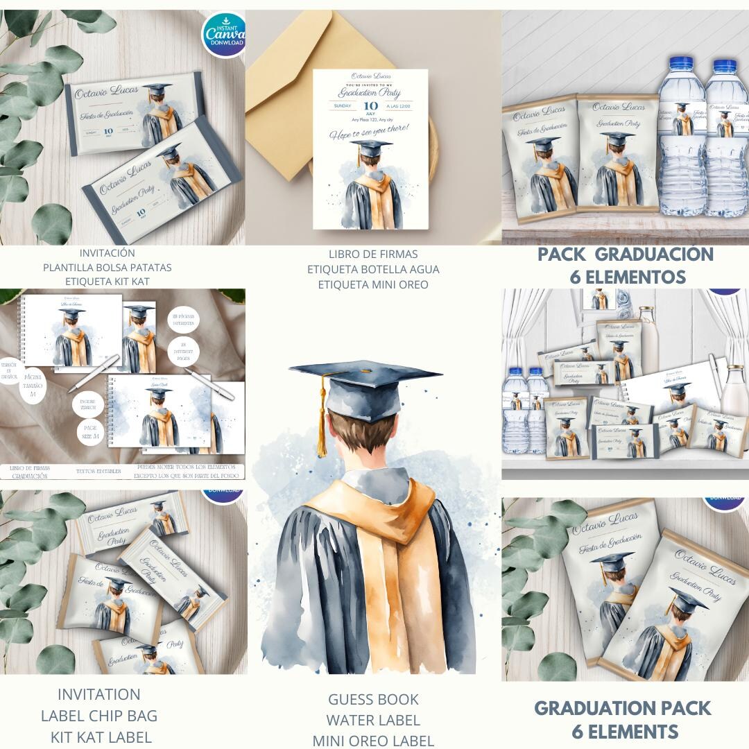 Complete GRADUATION PACKAGE FOR BOYS IN WATERCOLOR, Digital Graduation ...