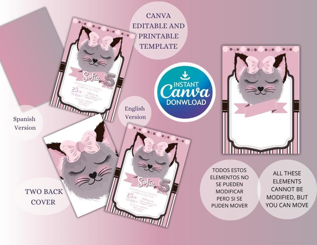 GREY CAT CUTE Birthday Invitation, Cat Girl Birthday Party Invitation ...