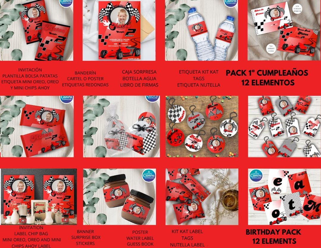 Complete Birthday Package FORMULA 1 CAR RED, Digital Pack 12 Elements ...