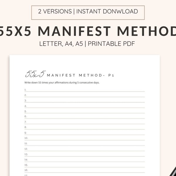 55x5 Manifestation Method, Law of Attraction Planner Worksheet, Digital ...