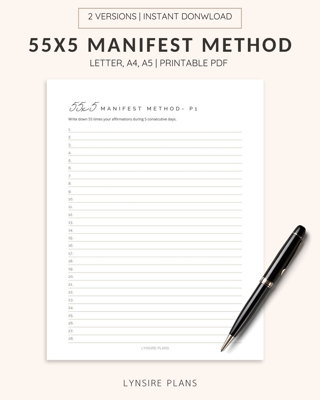 55x5 Manifestation Method Law Of Attraction Planner Worksheet Digital