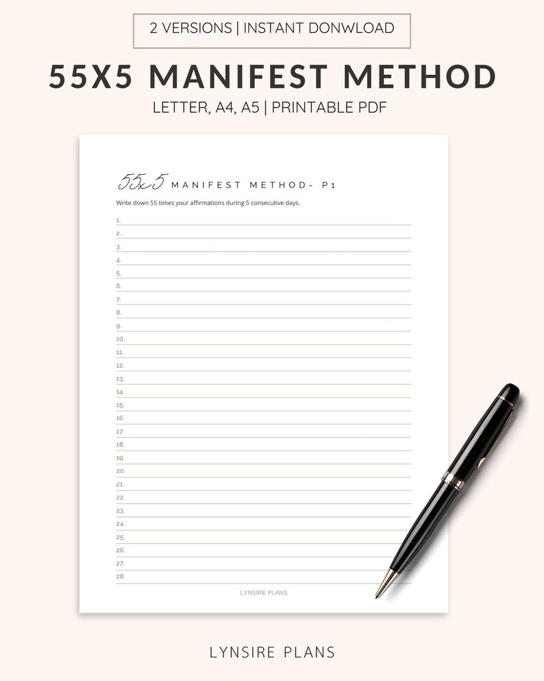 55x5 Manifestation Method, Law of Attraction Planner Worksheet, Digital ...