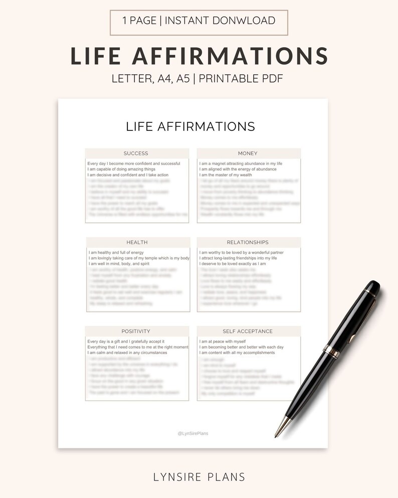 Positive Affirmations PDF, Printable Digital Journal Page, Mindfulness ...