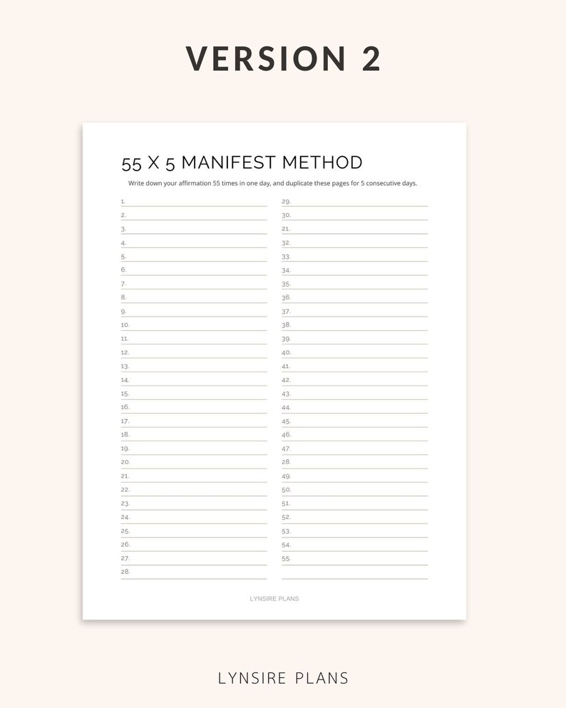 55x5 Manifestation Method, Law of Attraction Planner Worksheet, Digital ...