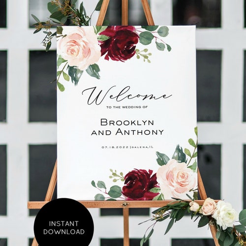 Welcome Sign Printable Burgundy Welcome Poster Template - Etsy