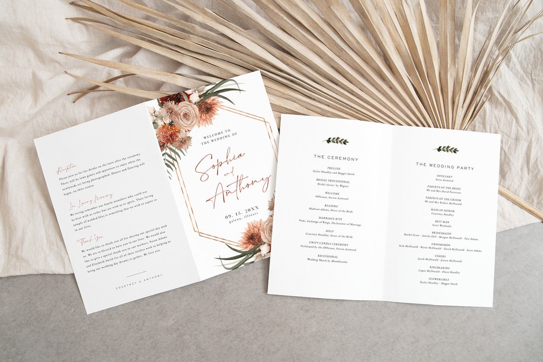 Boho Wedding Program Template, Wedding Program Printable, Editable ...