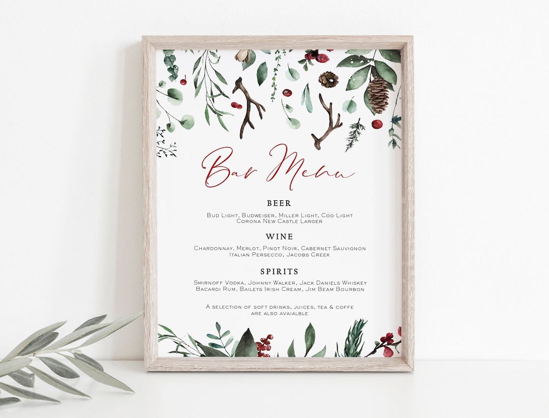 Christmas Bar Menu Sign, Greenery Bar Sign Template, Printable Bar Menu ...
