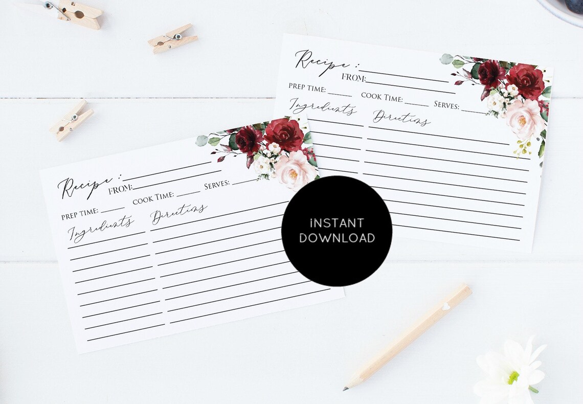 Recipe Card Printable Recipe Card Diy Recipe Card Burgundy | Etsy