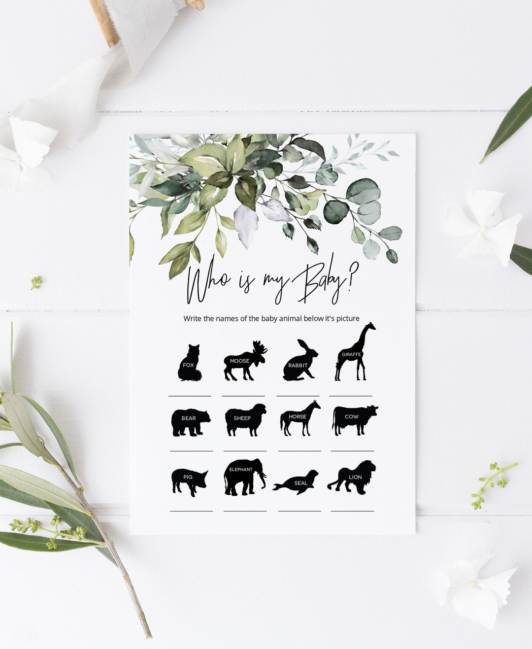 Baby Animal Names Baby Shower Game, Greenery Baby Shower Games ...