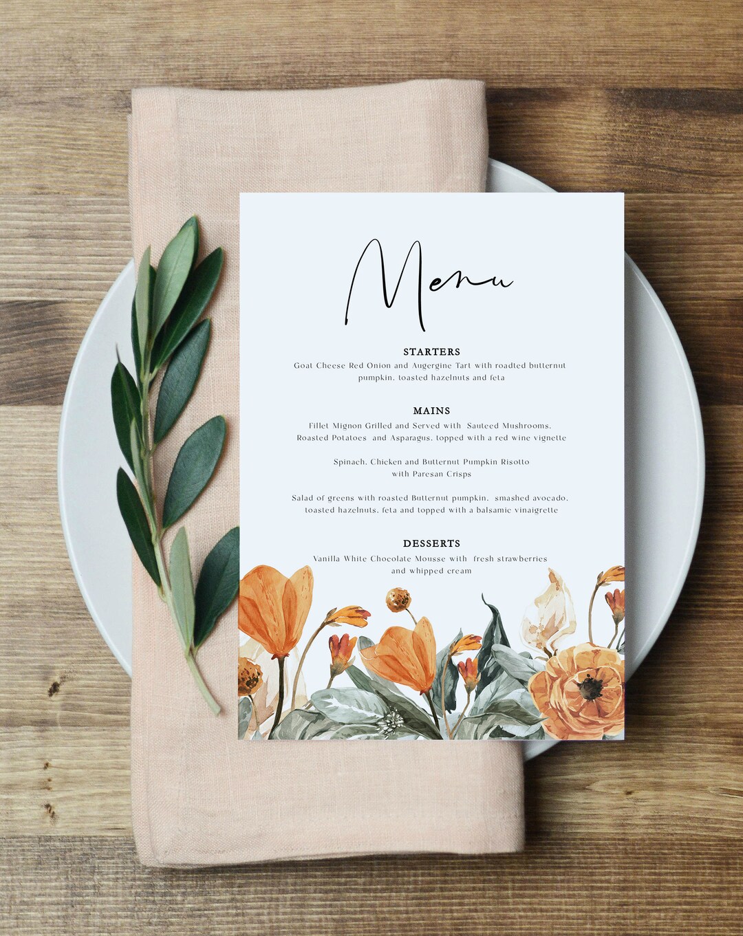 Boho Menu Card Template, Greenery Menu Printable, Menu Sign, Menu Card ...