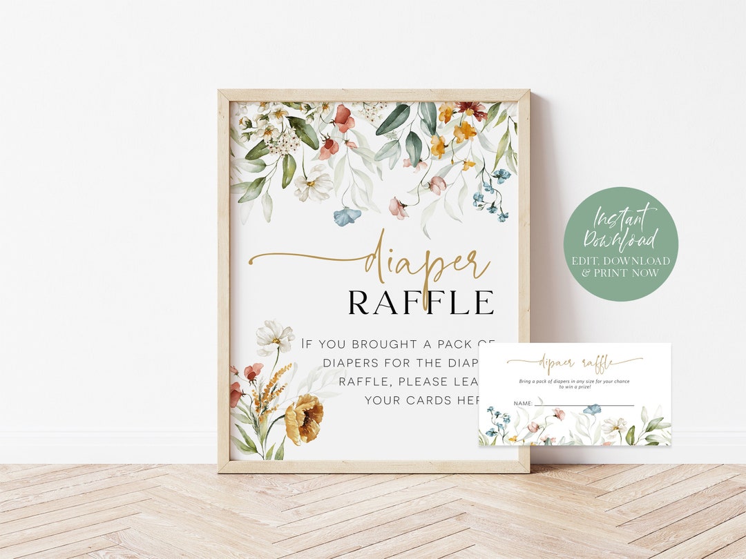Wildflower Baby Shower Diaper Raffle Sign and Raffle Tickets, Diaper ...