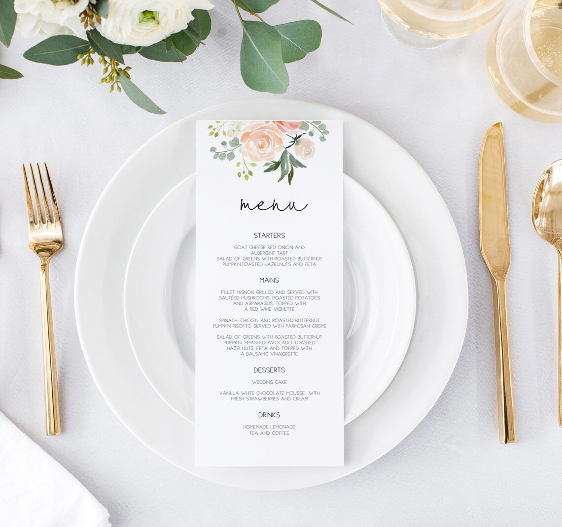 Peach Menu Card Template, Floral Menu Printable, Instant Download, 2 ...