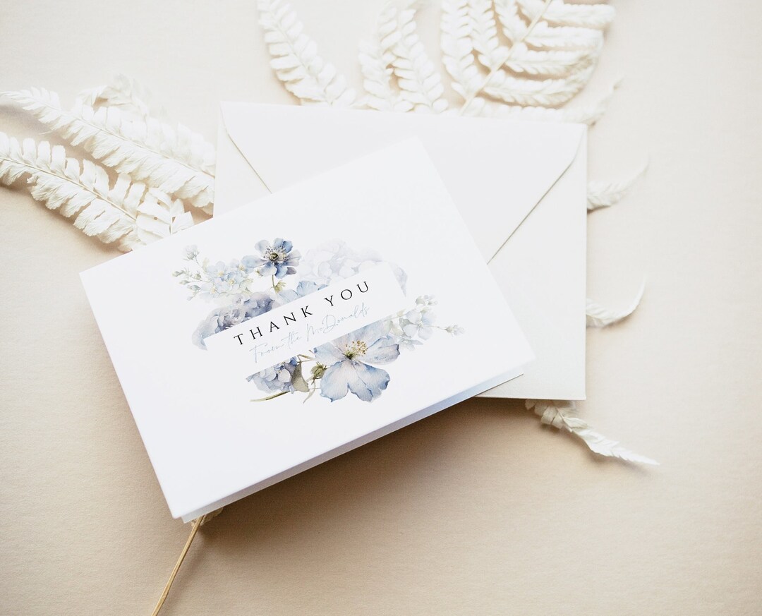 Dusty Blue Thank You Card Template, Thank You Card Printable, Heart ...