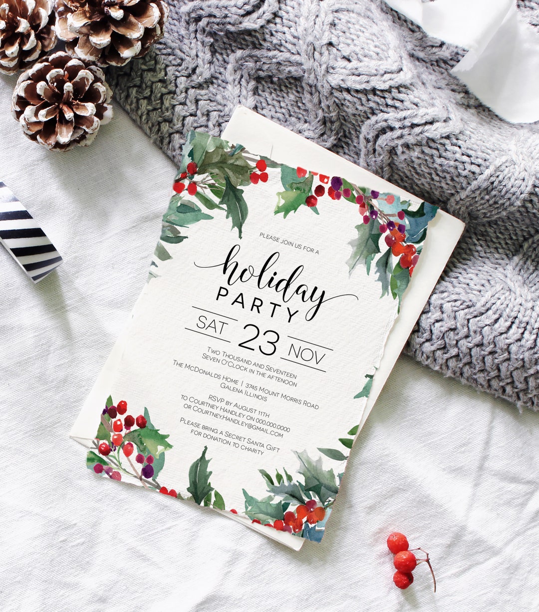 Holiday Invitation Printable, Rustic Berry Christmas Holiday Party ...
