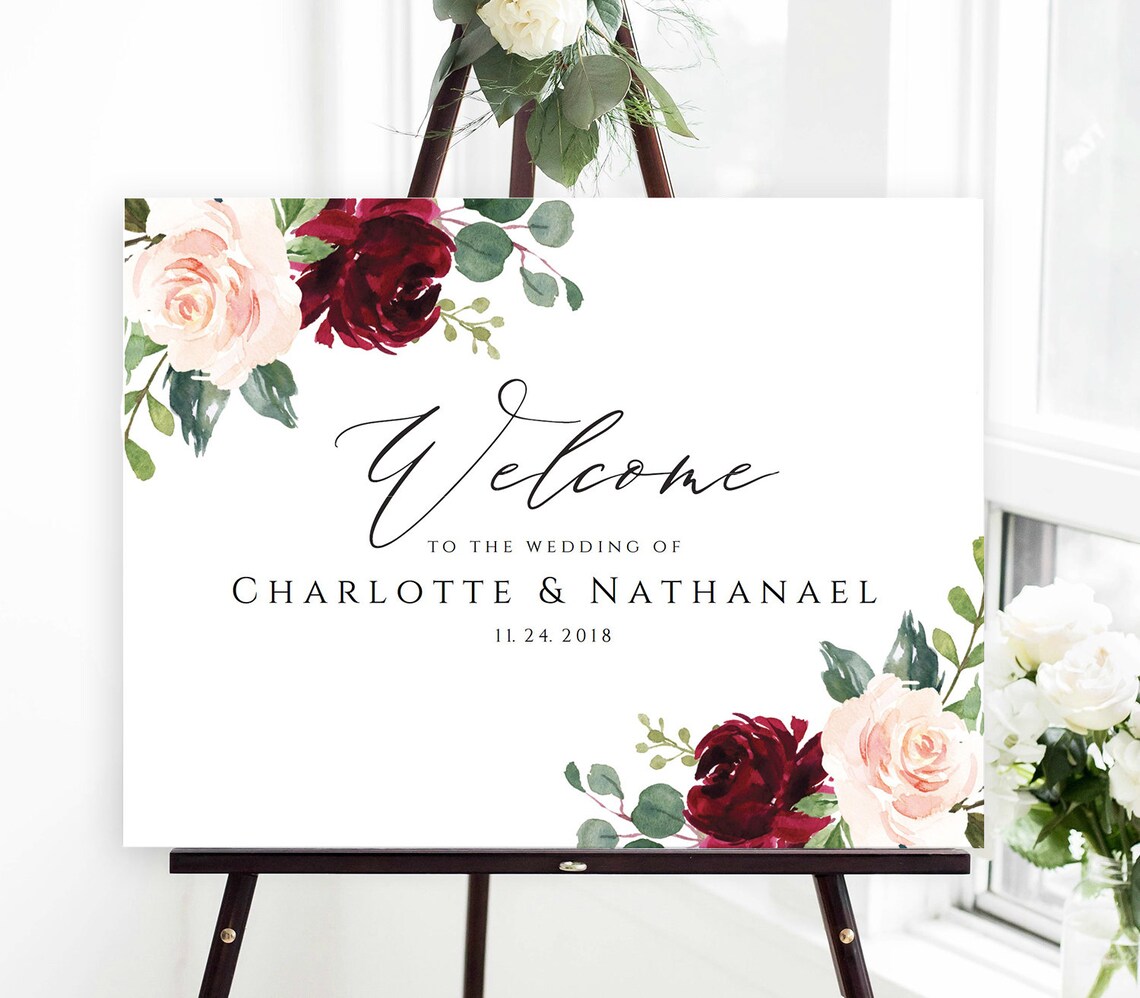 Welcome Sign, Printable Burgundy Welcome Poster Template, Calligraphy ...