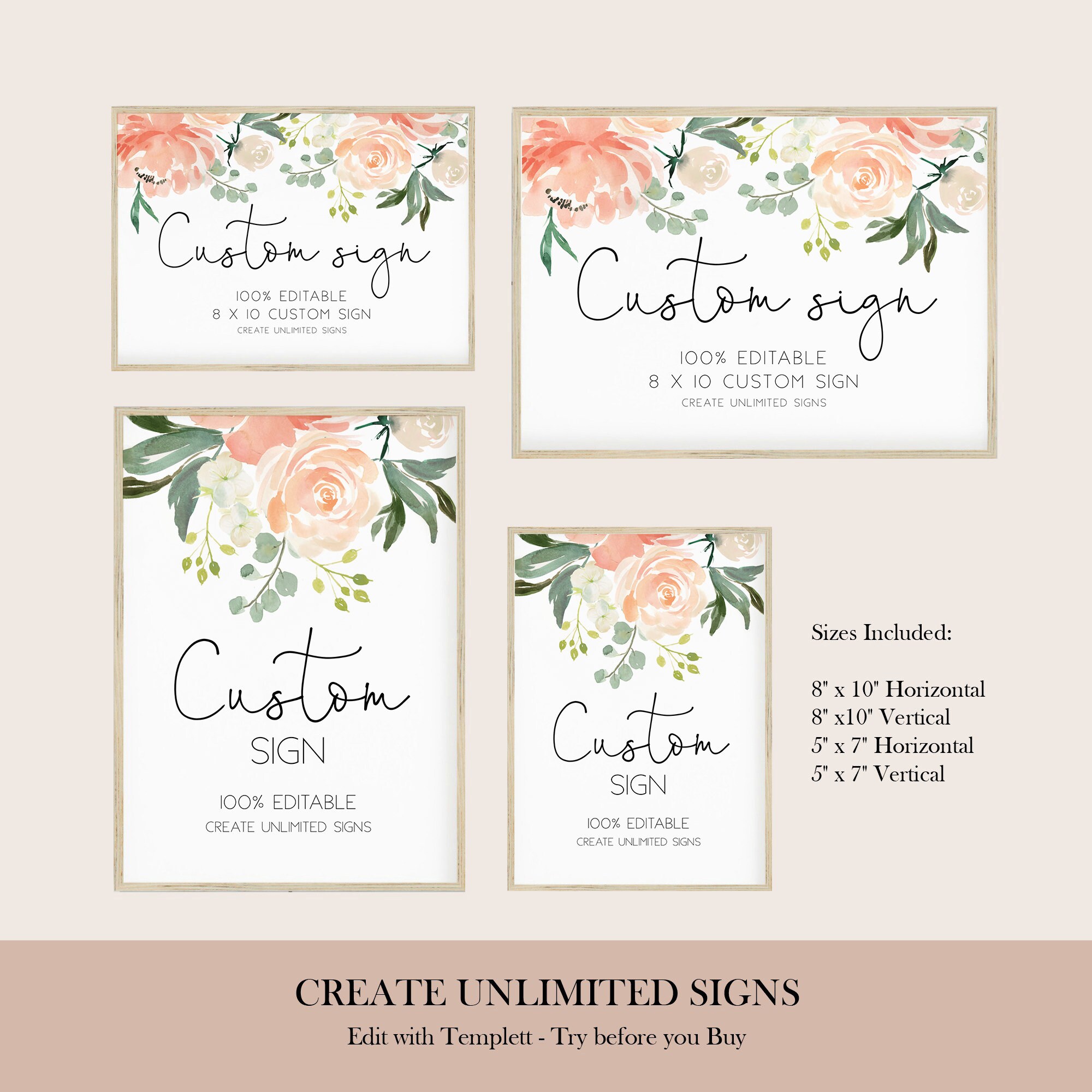 Peach Custom Sign, (portrait and Landscape), Editable Sign Template ...