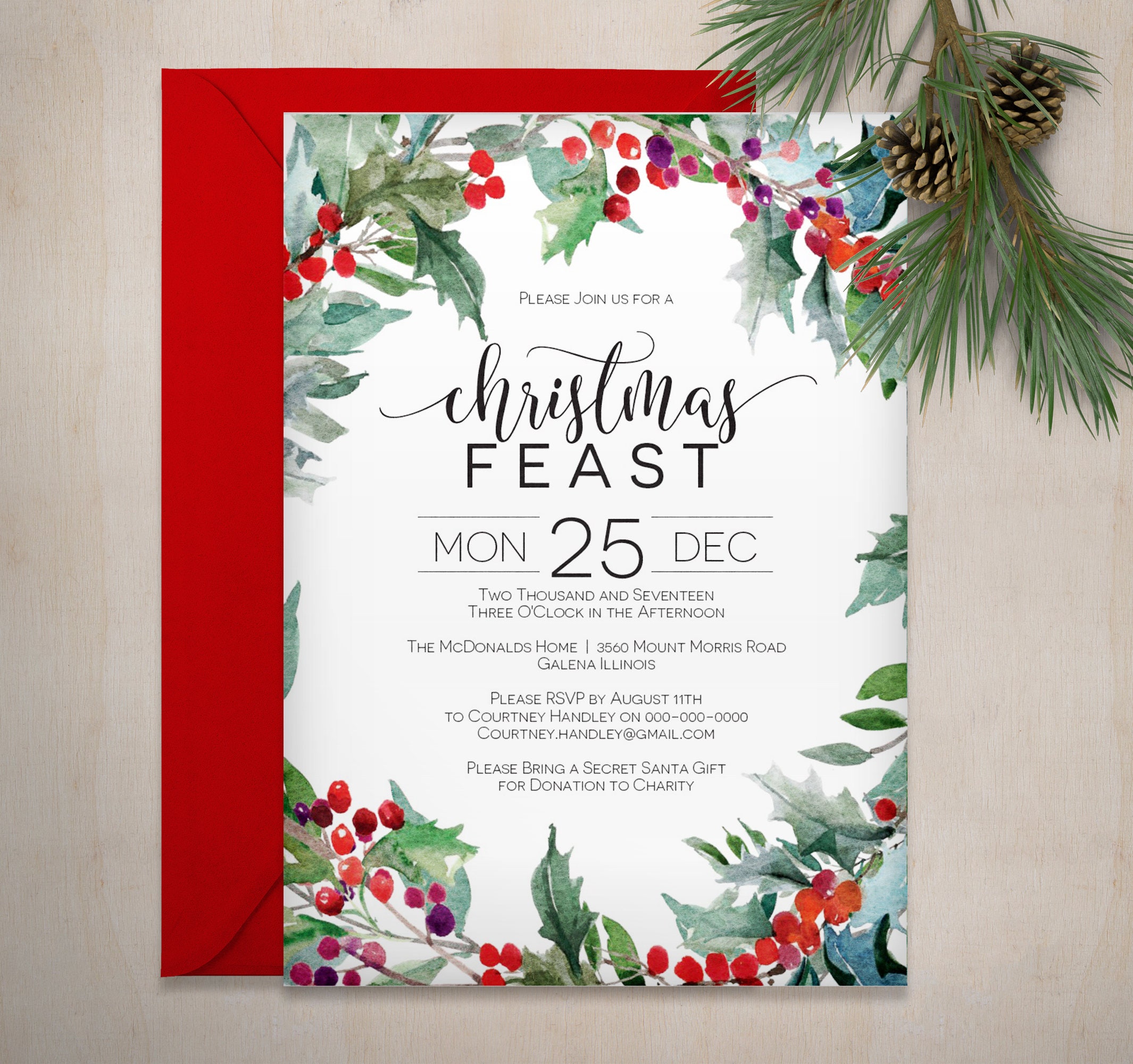 Christmas Invitation Printable Rustic Berry Christmas - Etsy