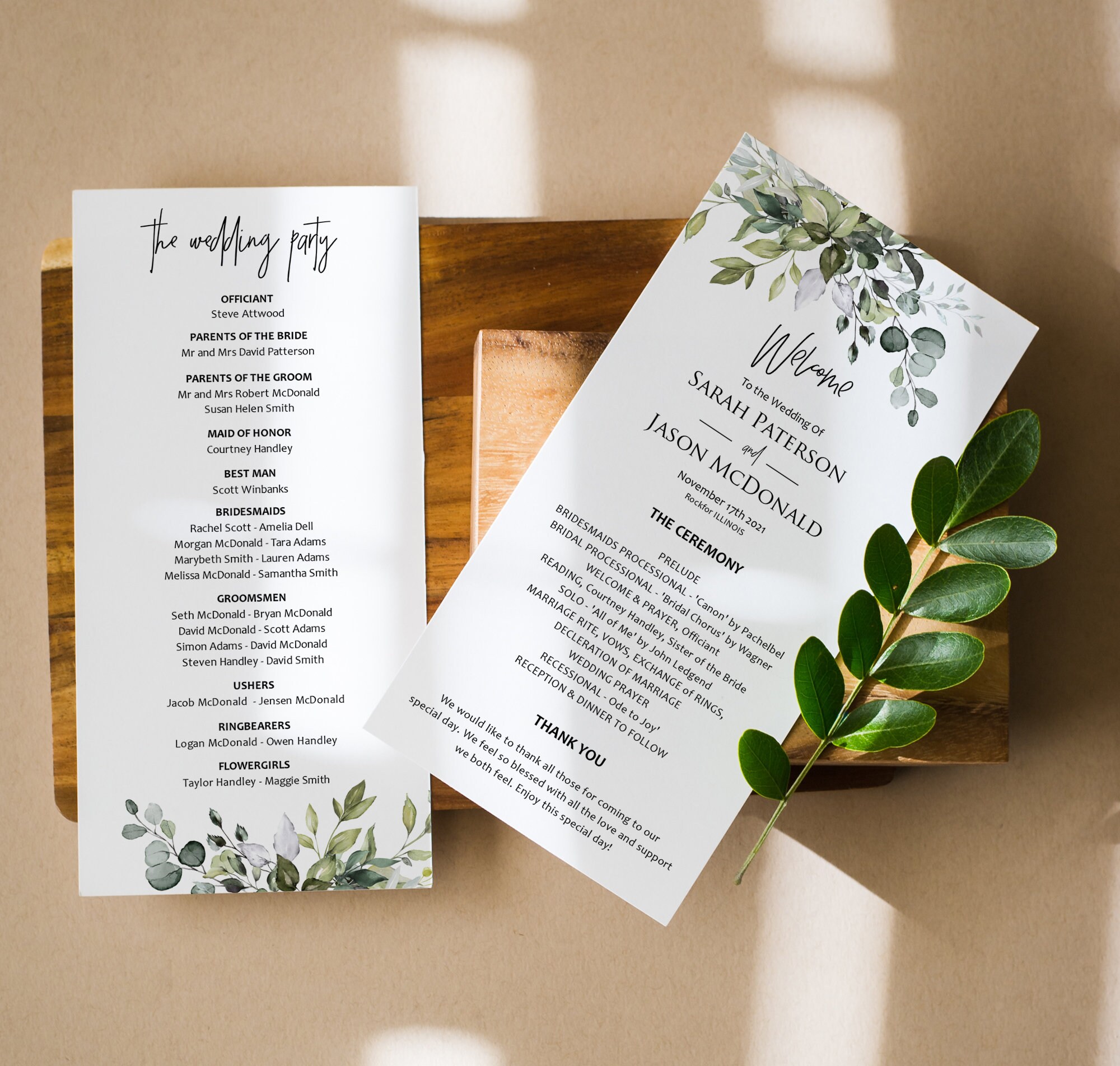 Greenery Wedding Program, Printable Wedding Ceremony Program, 2 Sizes ...