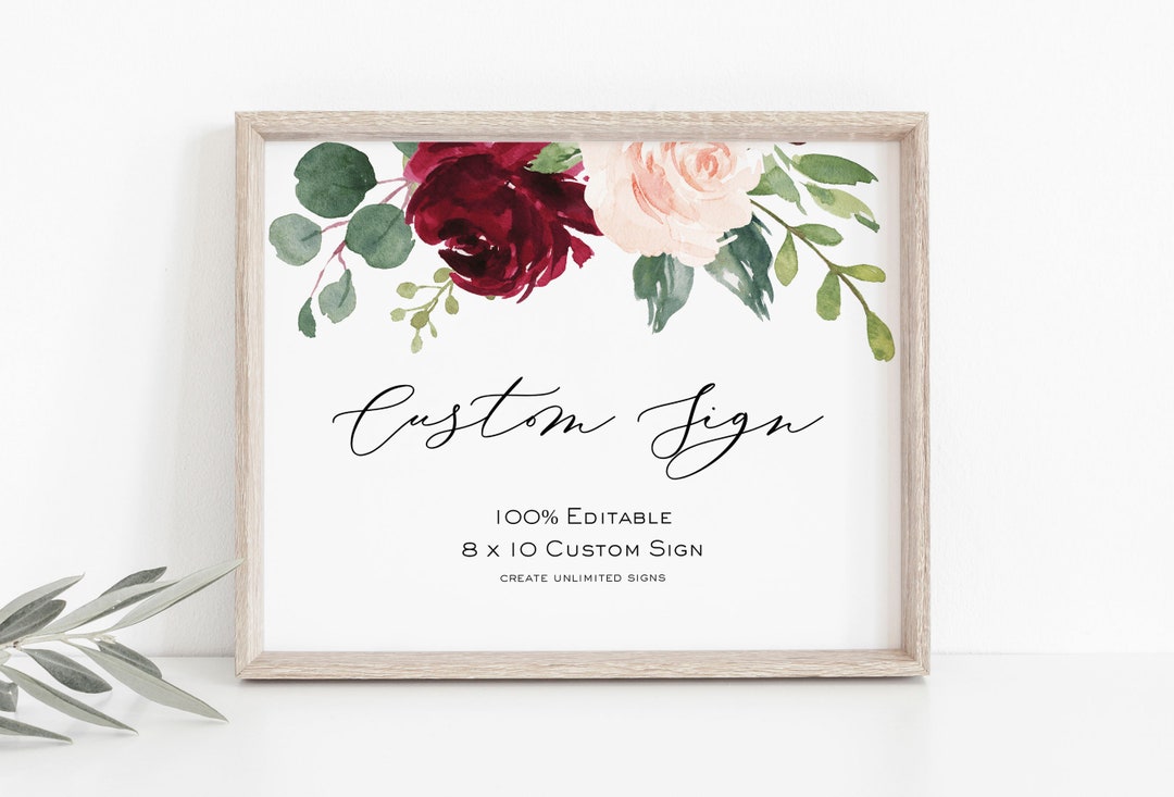 Burgundy Custom Sign, (portrait and Landscape), Editable Sign Template ...