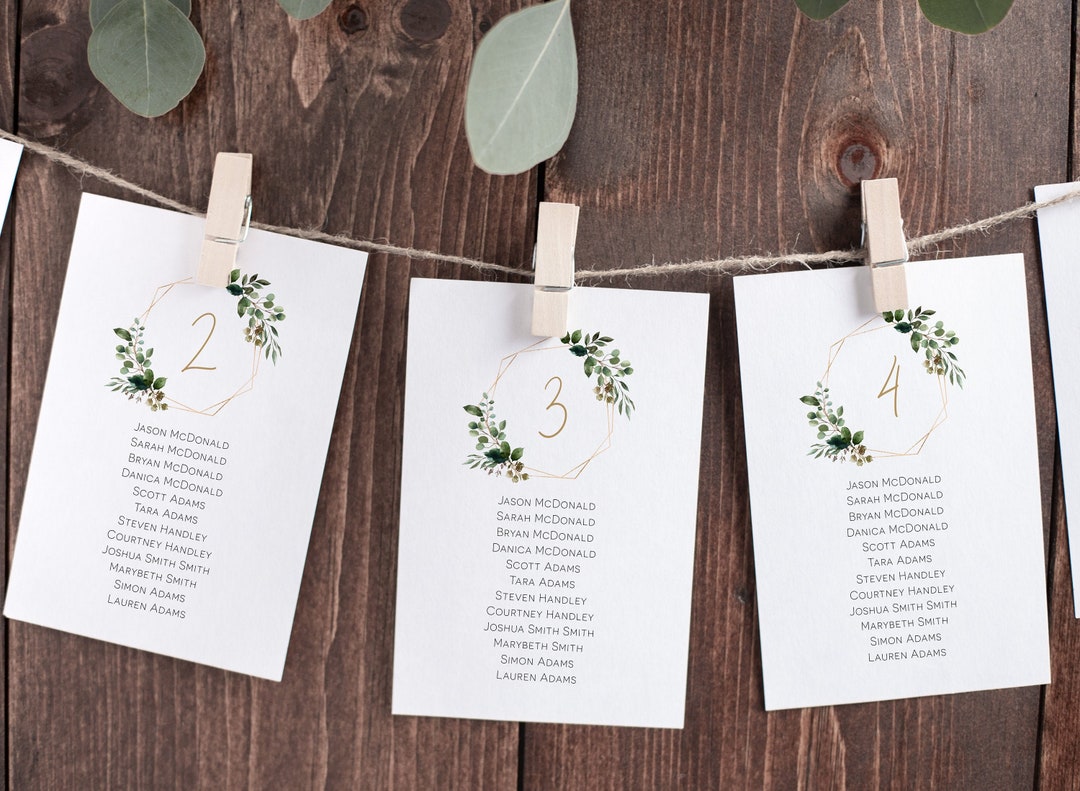 Greenery Seating Chart Cards, Seating Chart Wedding, Geometric Seating ...