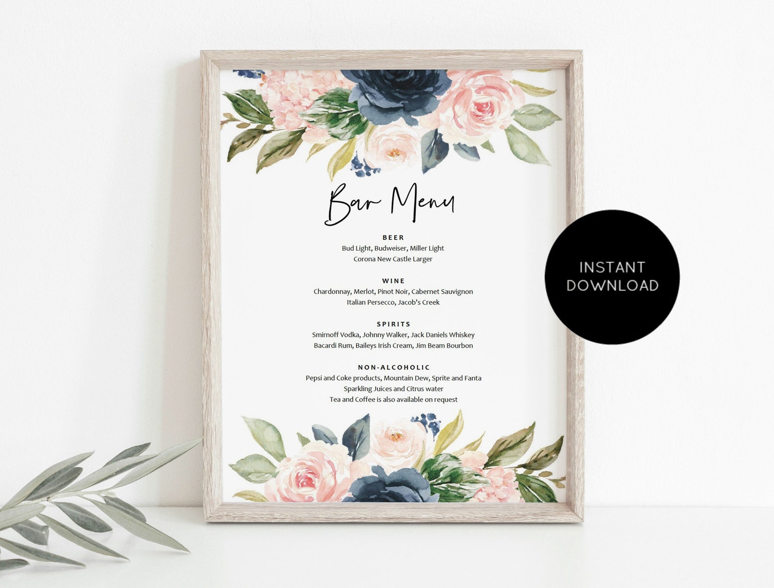 Navy Blush Bar Sign Printable Bar Menu Template Instant | Etsy