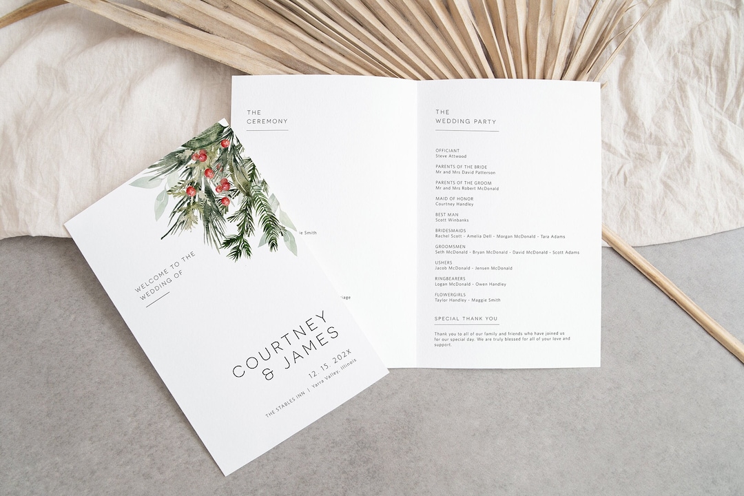 Christmas Wedding Program Template, Wedding Program Printable, Holiday ...