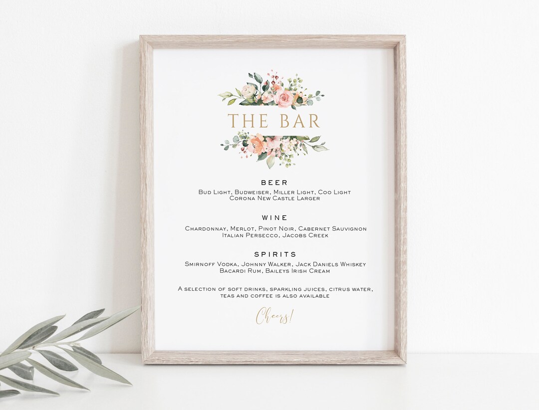 Floral Bar Sign, Printable Bar Menu Template, Floral Bar Sign, Editable ...