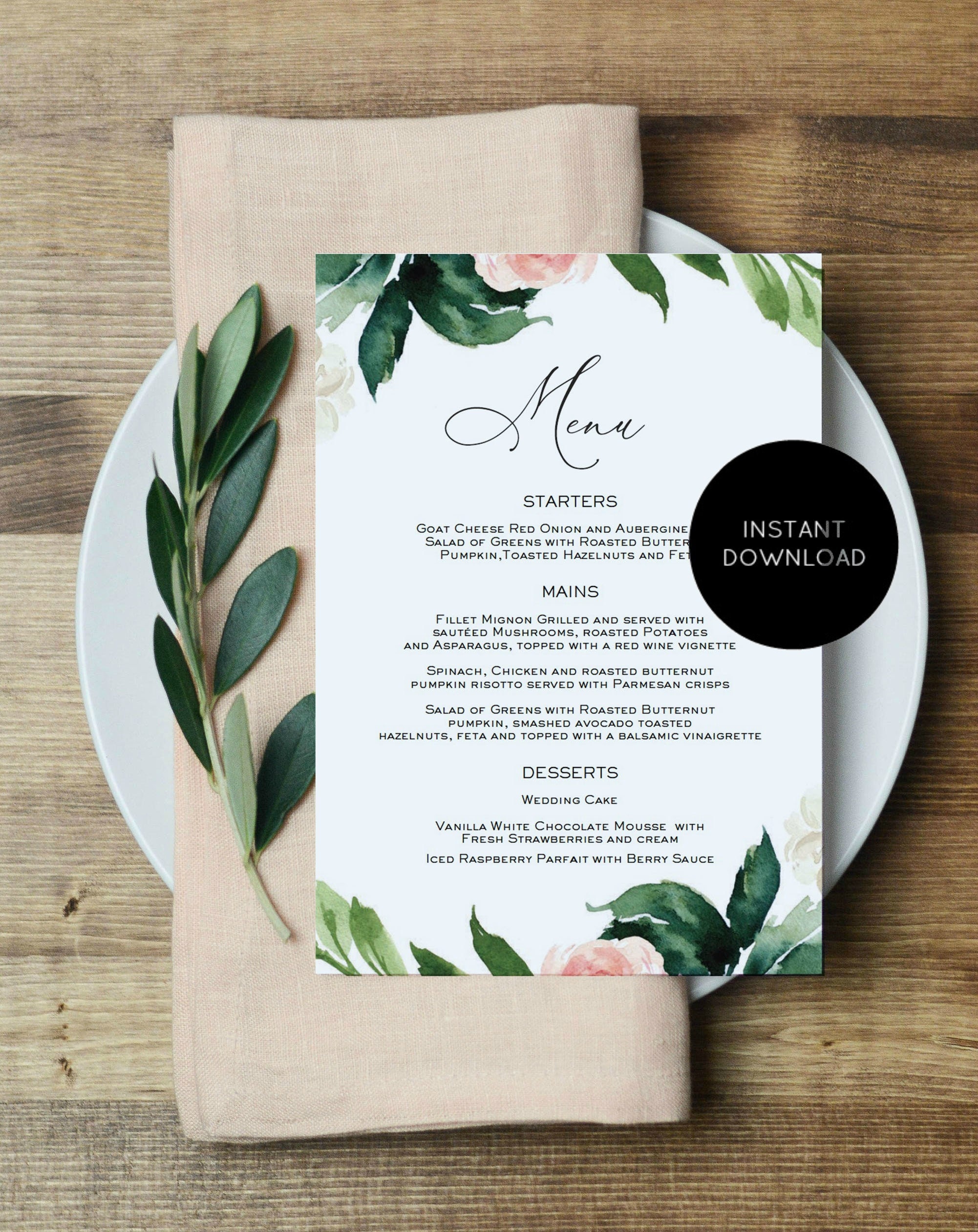 Pink Greenery Menu Template 5x7 Floral Menu Card - Etsy