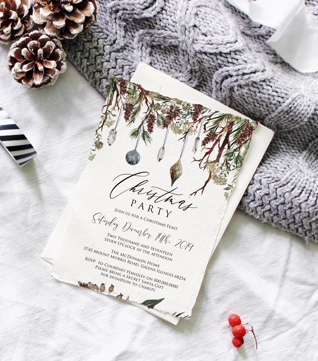 Christmas Party Invitation, Rustic Christmas Invitation Template, DIY ...