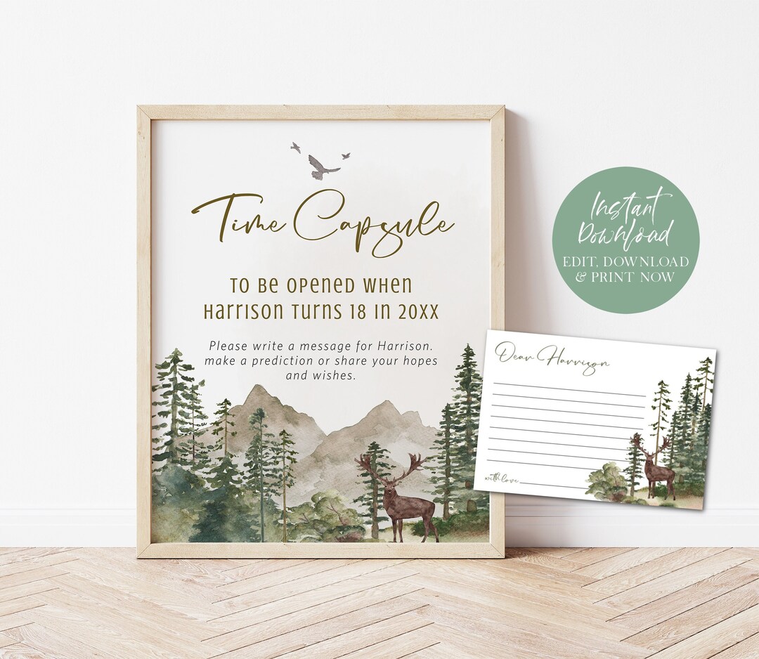 Baby Time Capsule Sign and Note Cards, Woodland Time Capsule Writing ...