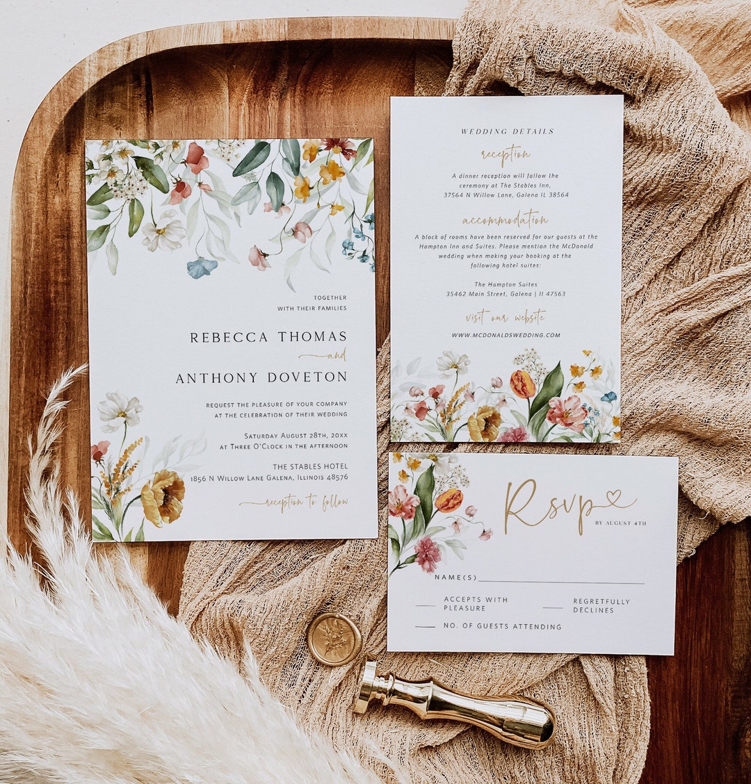 Boho Wedding Invitation Suite, Wildflower Wedding Invitation, Printable ...