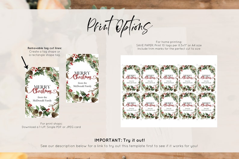 Christmas Wreath Tag Template, Rustic Christmas Gift Tags, Personalized ...