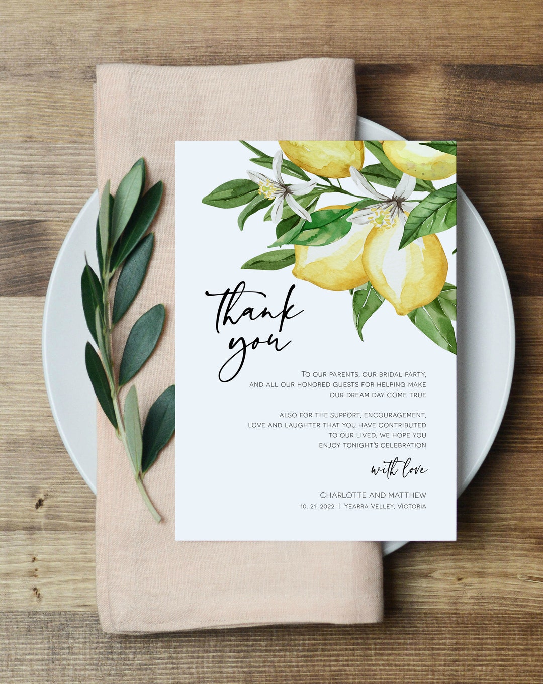 Lemon Wedding Thank You Note, Printable Thank You Card Template ...
