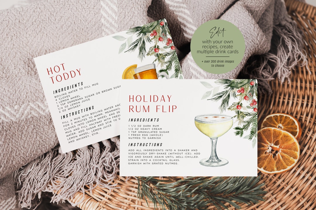 Editable Cocktail Recipe Card Template, Christmas Recipe Card, Drinks ...
