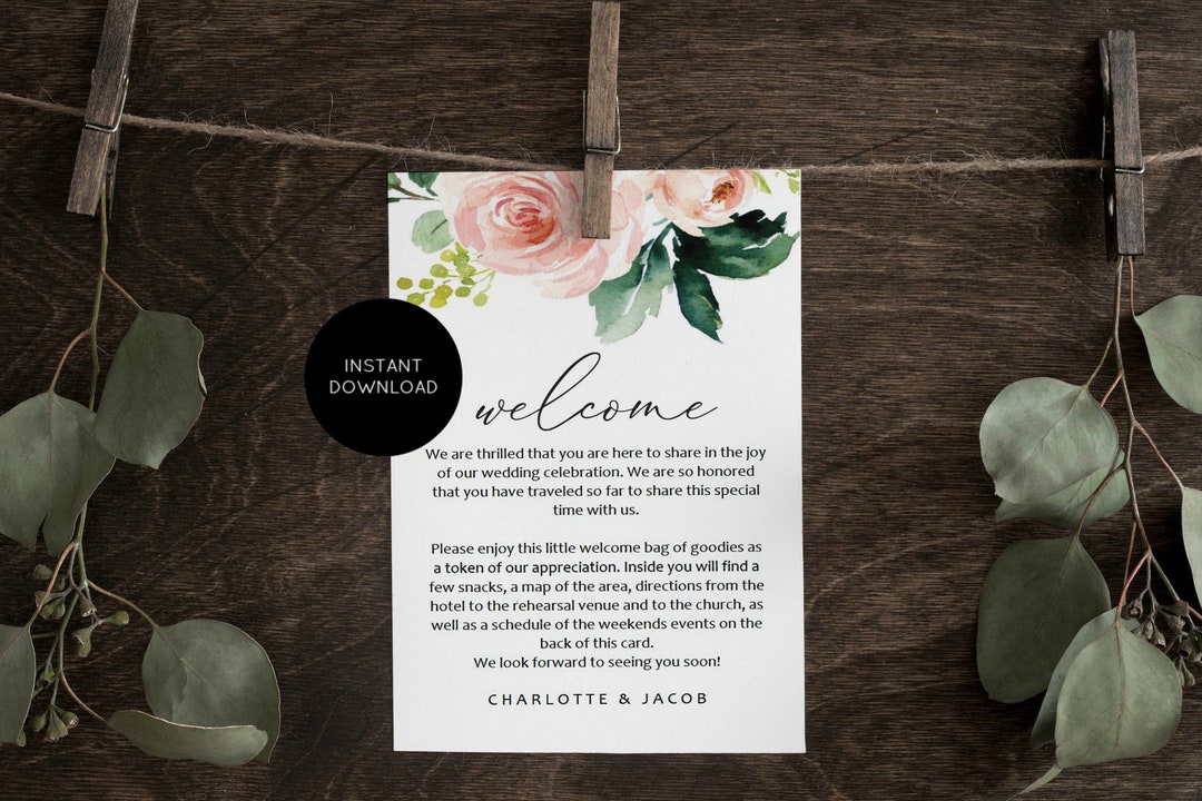 Wedding Welcome Tag, Printable Welcome Bag Tag Template, Pink Floral ...