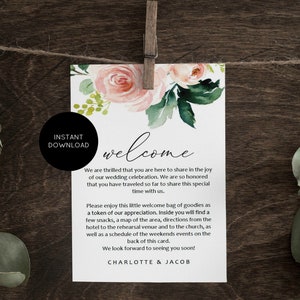 Wedding Welcome Tag, Printable Welcome Bag Tag Template, Pink Floral ...