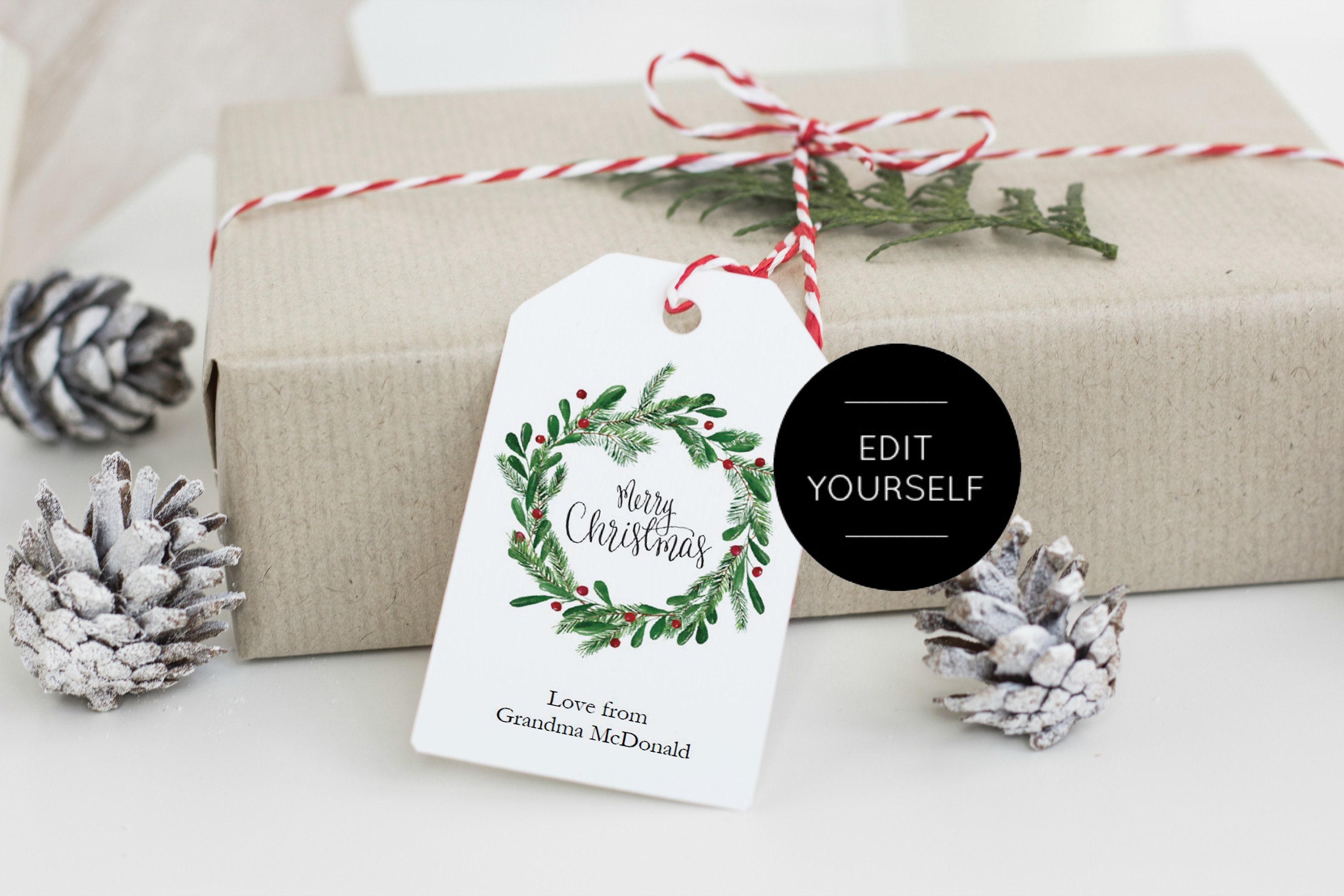 Christmas Wreath Tag Template, Rustic Christmas Gift Tags, Personalized ...