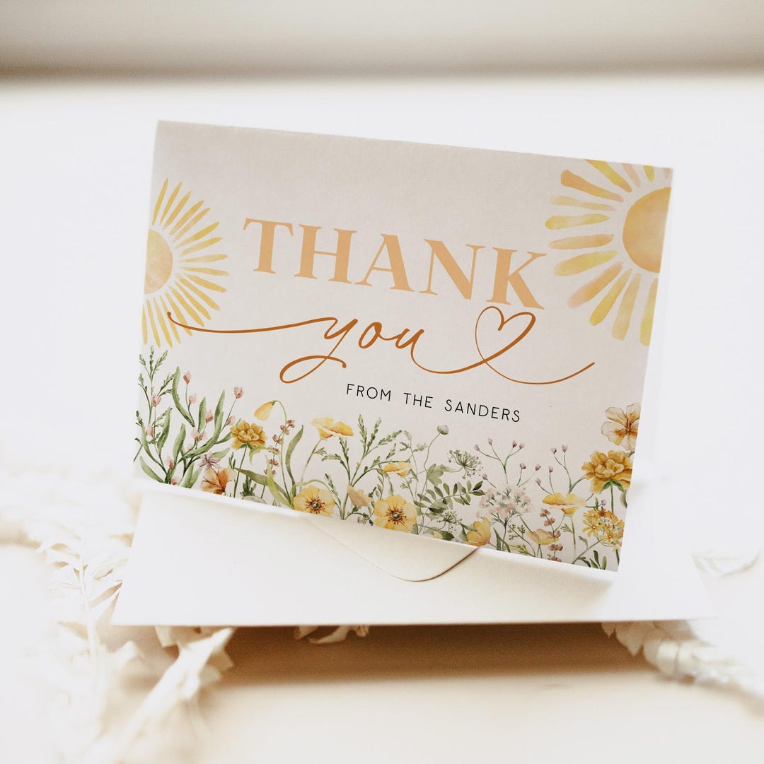 Sunshine Thank You Card, Sun Folded Thank You Card, Wildflower Card, A2 ...