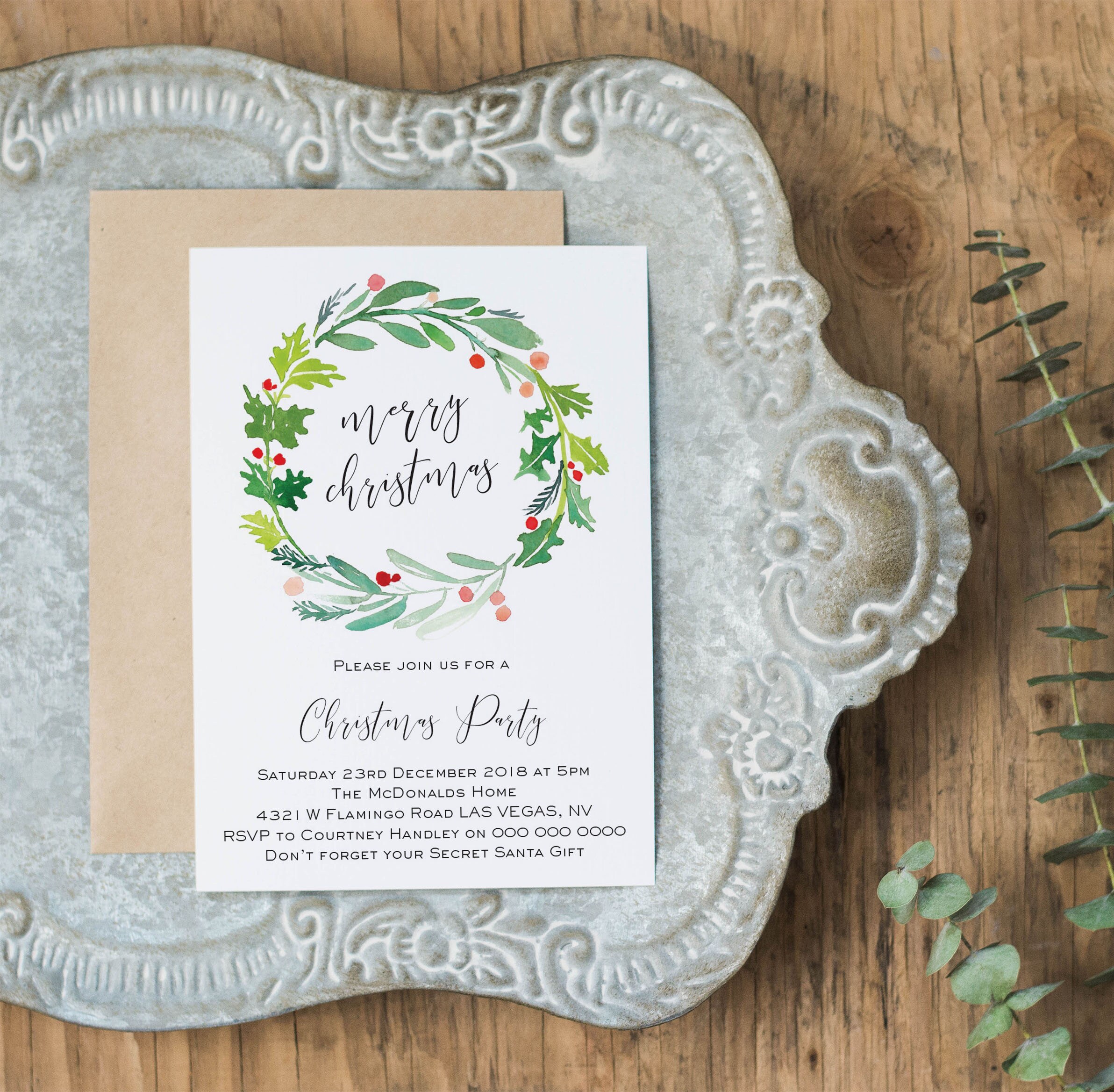 Wreath Christmas Invitation Printable Christmas Template - Etsy