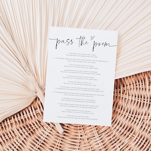 Pass the Poem Bridal Shower Game, Pass the Prize Game Card, Minimalist ...