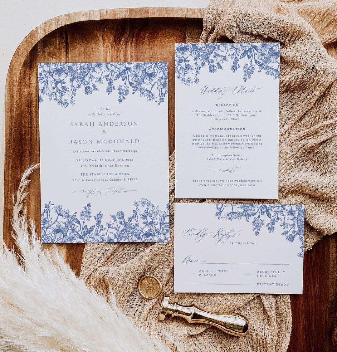 Blue Floral Wedding Invitation Suite, Blue Toile Wedding Bundle ...