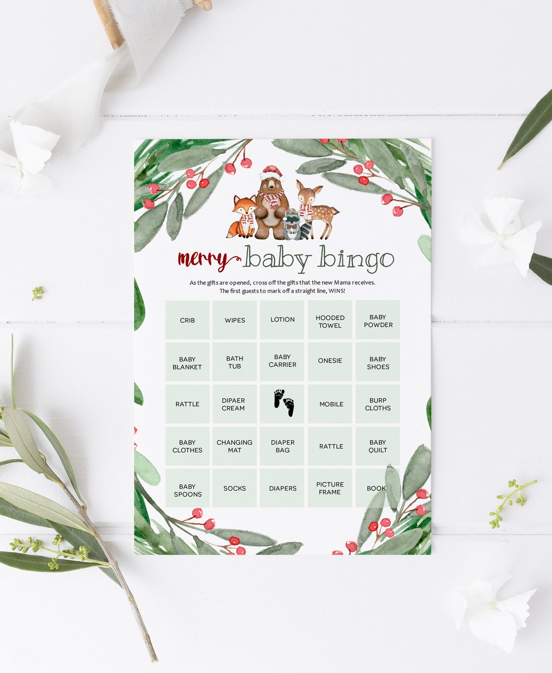 Christmas Baby Bingo, Woodland Christmas Baby Shower Game, Printable ...