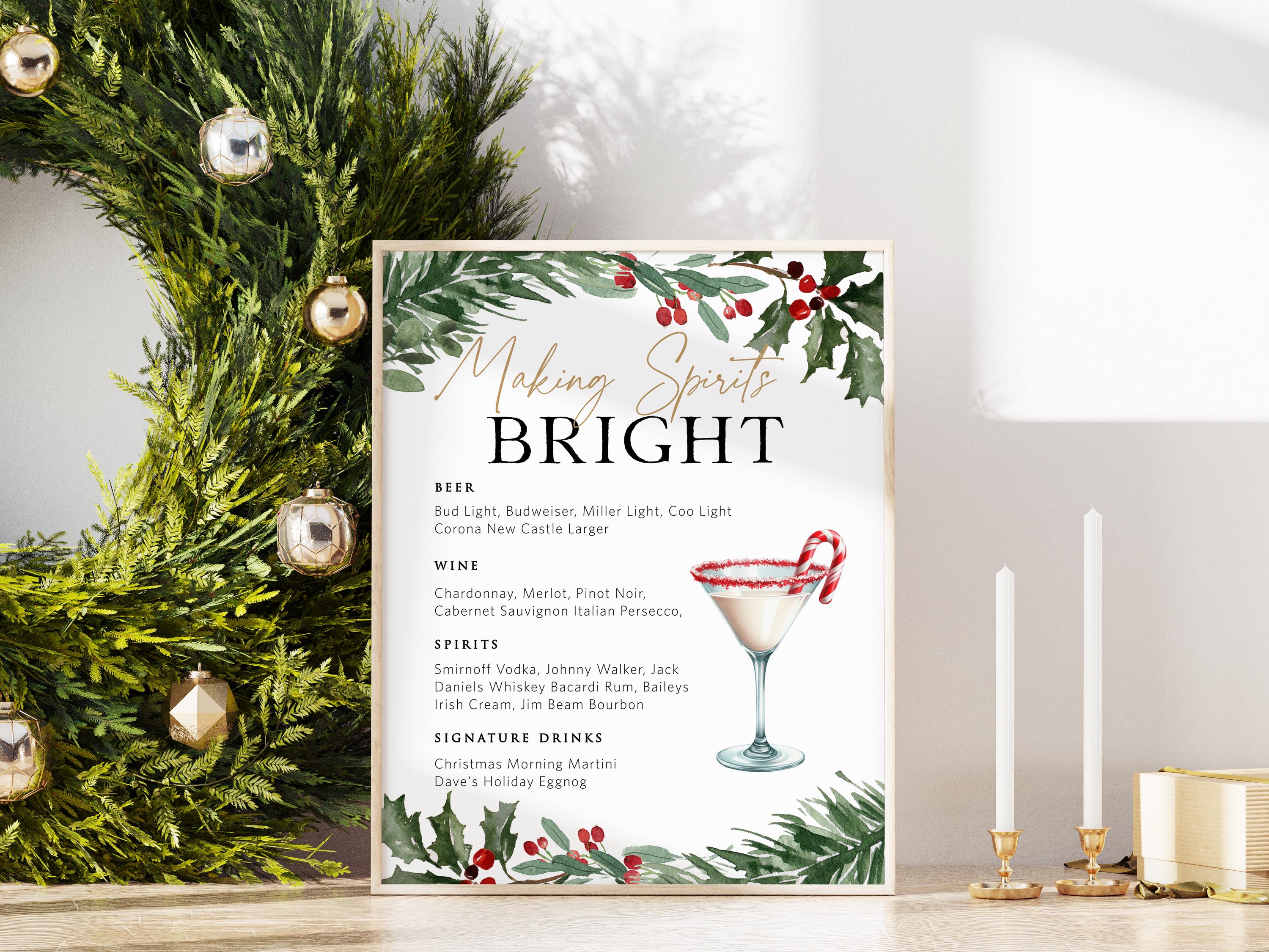 Christmas Bar Menu, Making Spirits Bright Bar Sign, Editable Holiday ...