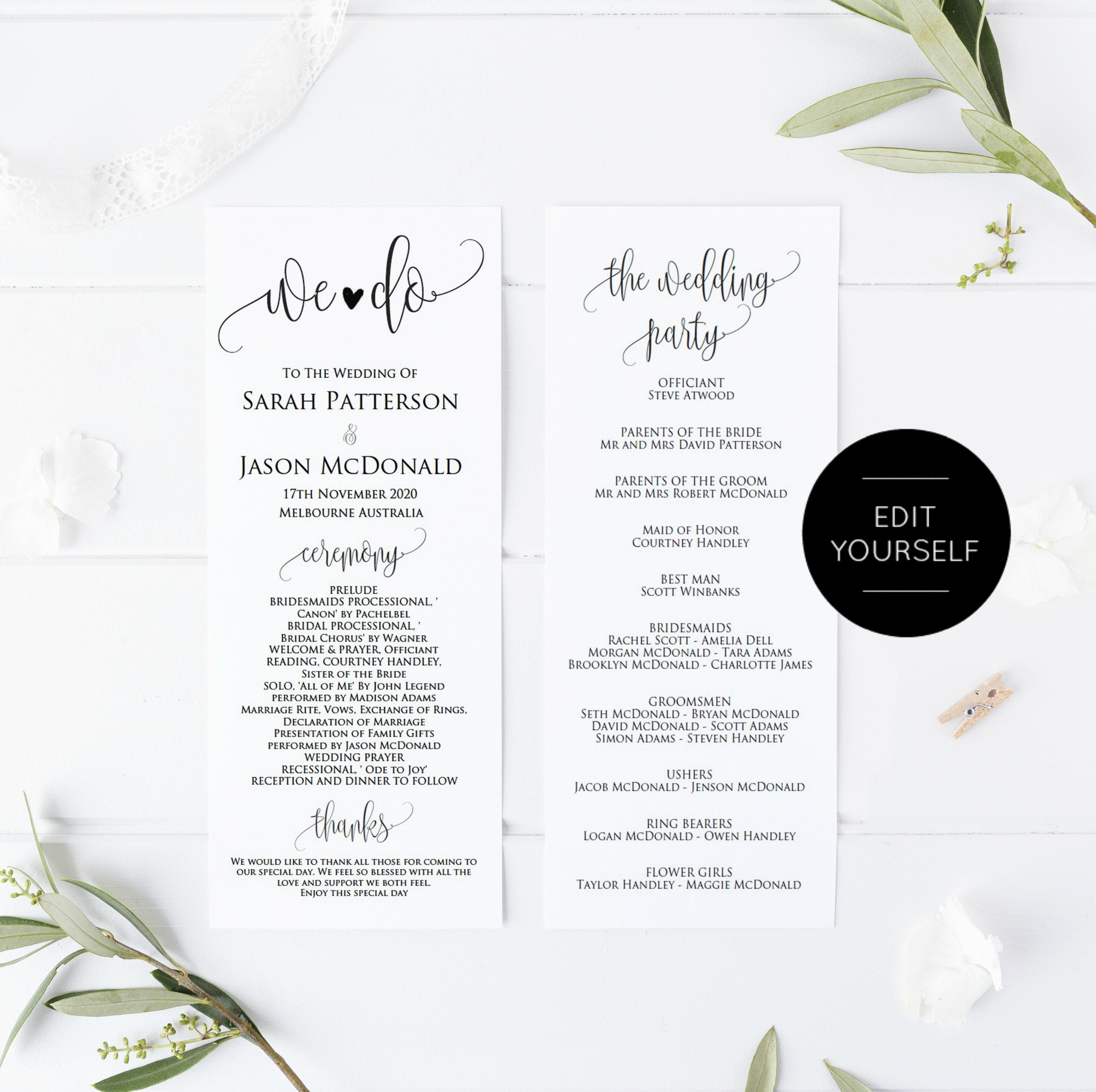 Printable Wedding Program Template Ceremony Order of Service - Etsy