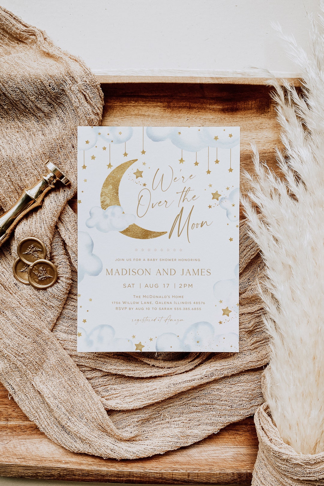 We're Over the Moon Invitation, Blue and Gold Moon Baby Shower, Over ...