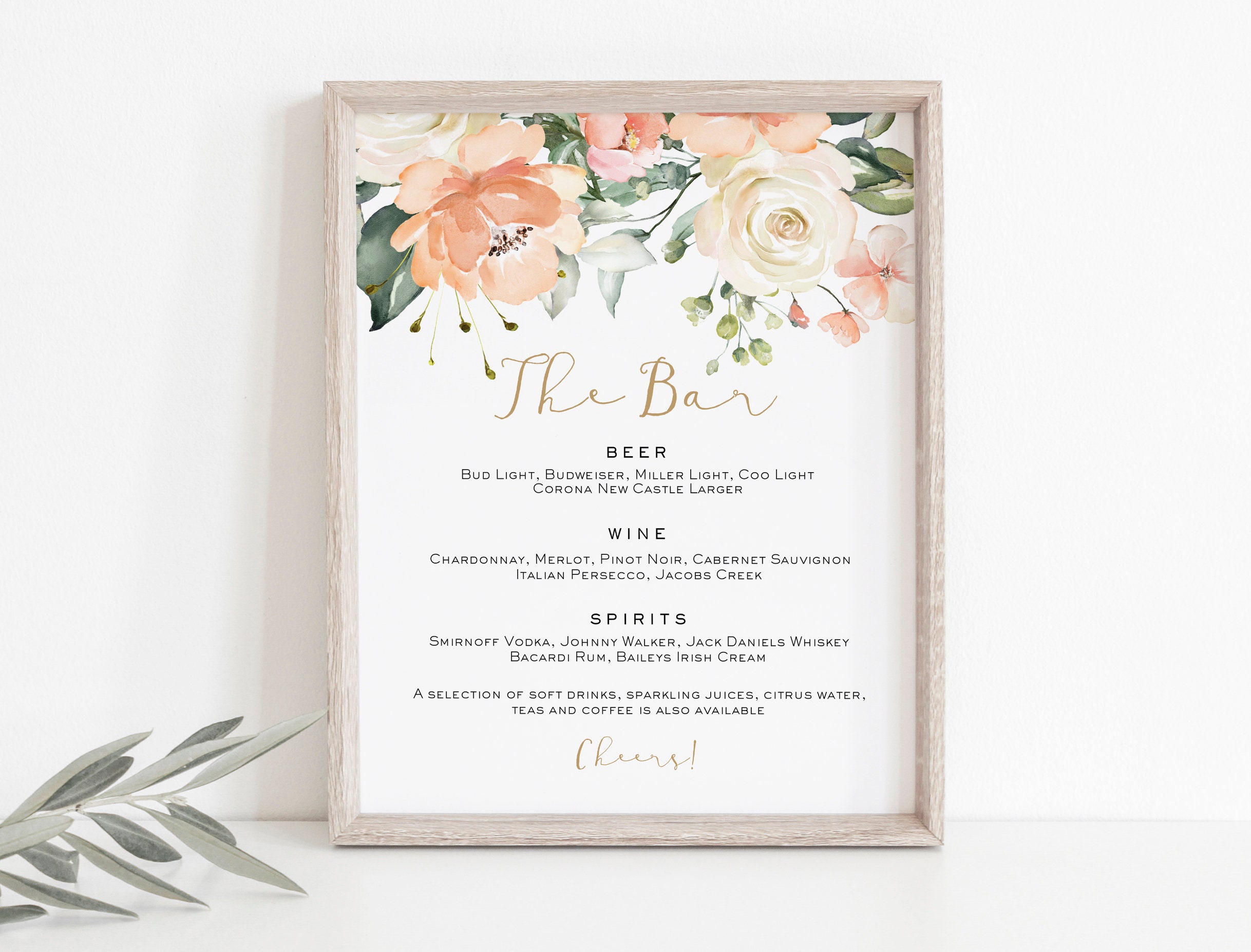 Floral Bar Sign Printable Bar Menu Template Floral Bar Sign | Etsy
