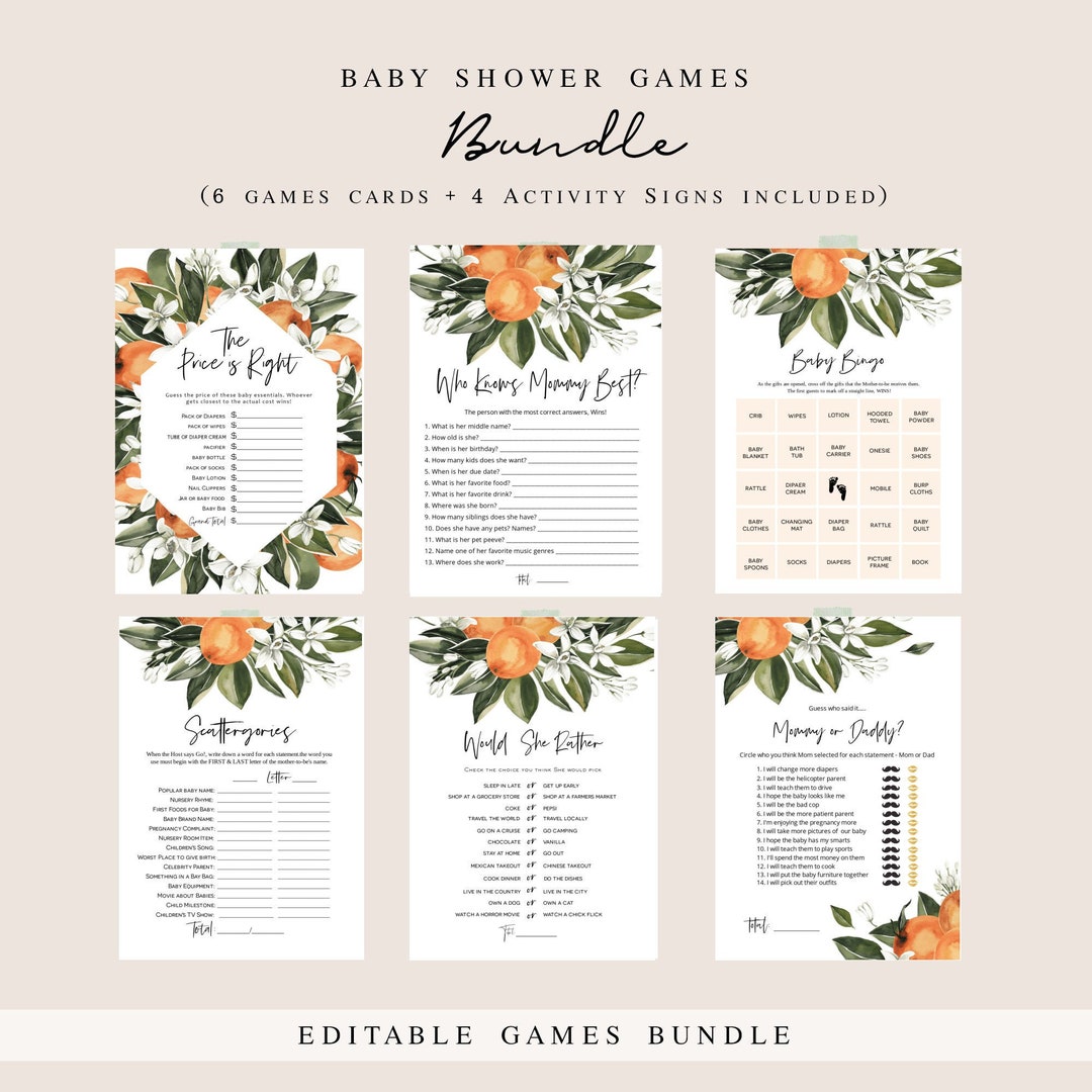 Citrus Baby Shower Game Bundle, Baby Shower Games, Orange Games Bundle ...